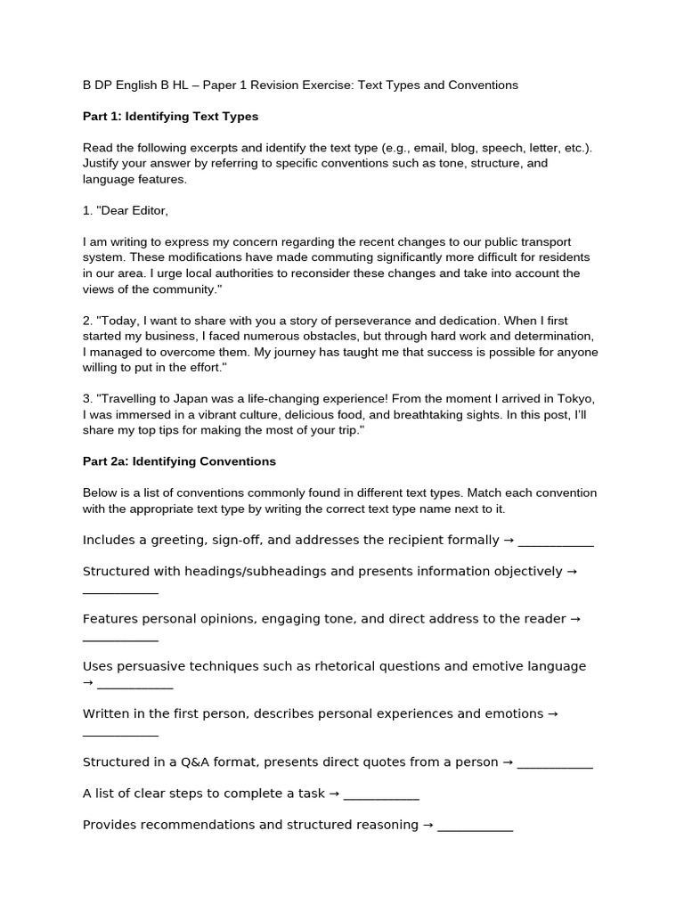 B DP English B HL - Paper 1 Revision Exercise Text Types and ...