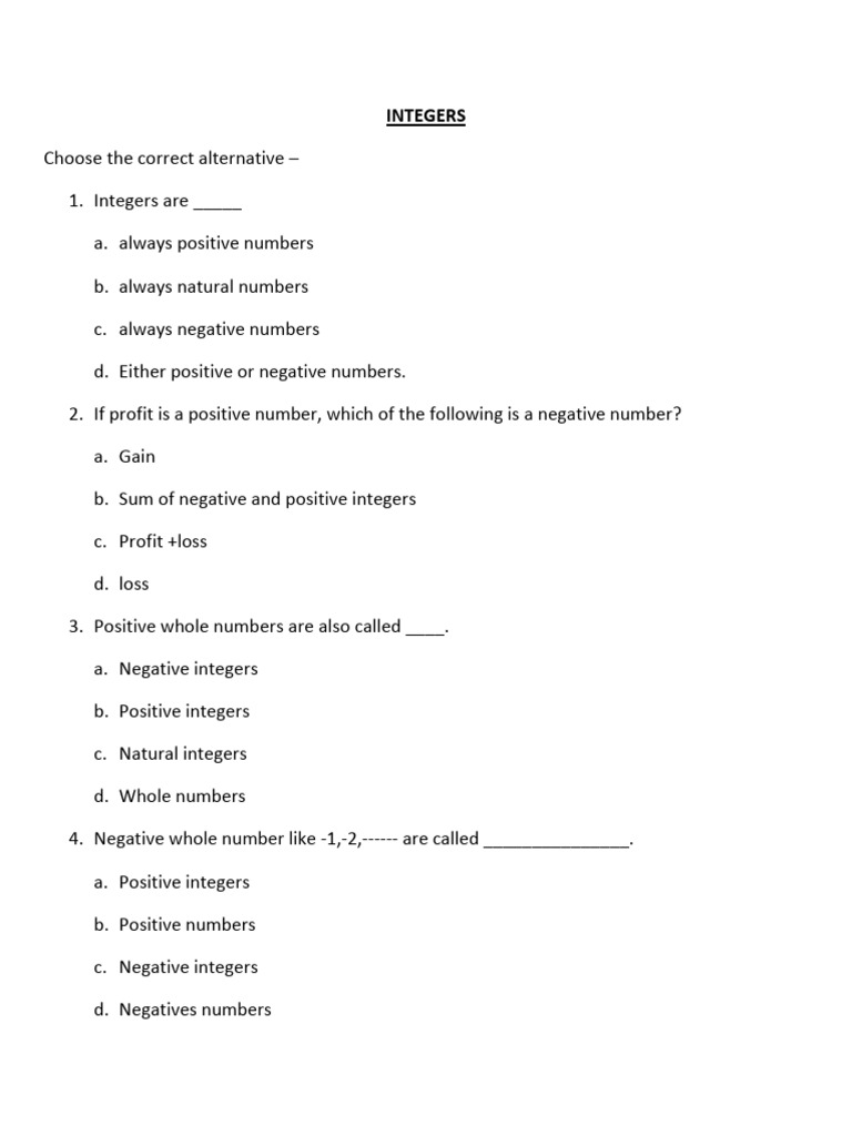 CBSE Class 6 Integers Worksheet | PDF