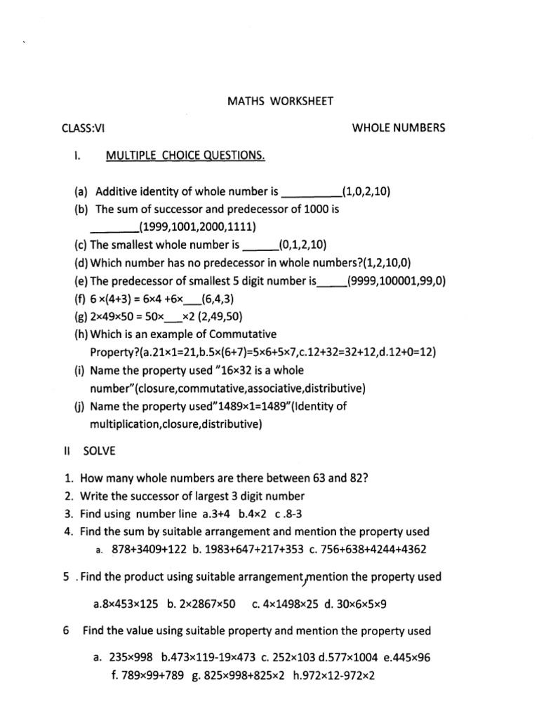 CBSE Class 6 Whole Numbers Worksheet (5) | PDF