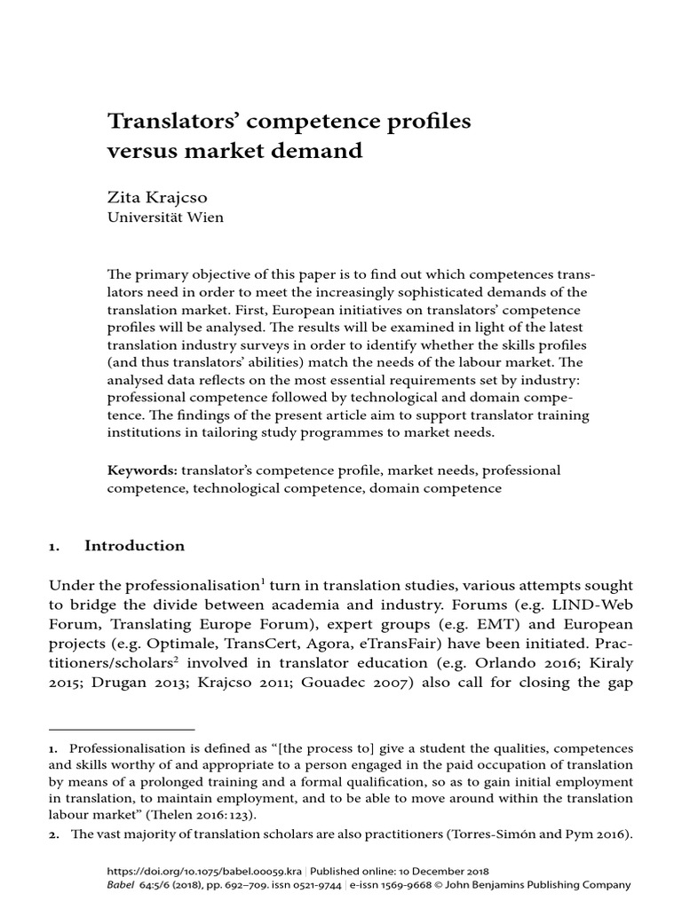 Krajcso 2018 Translators Competence Profiles Versus Market Demand | PDF ...