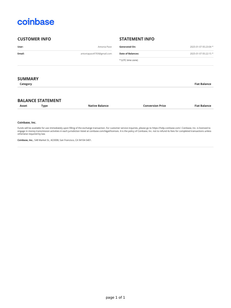 Coinbase Fiat Balance Statement | PDF
