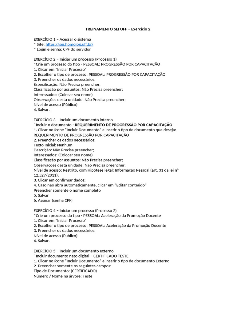TREINAMENTO SEI UFF - EXERCÍCIO 2 Turma 1.24 | PDF | Informática