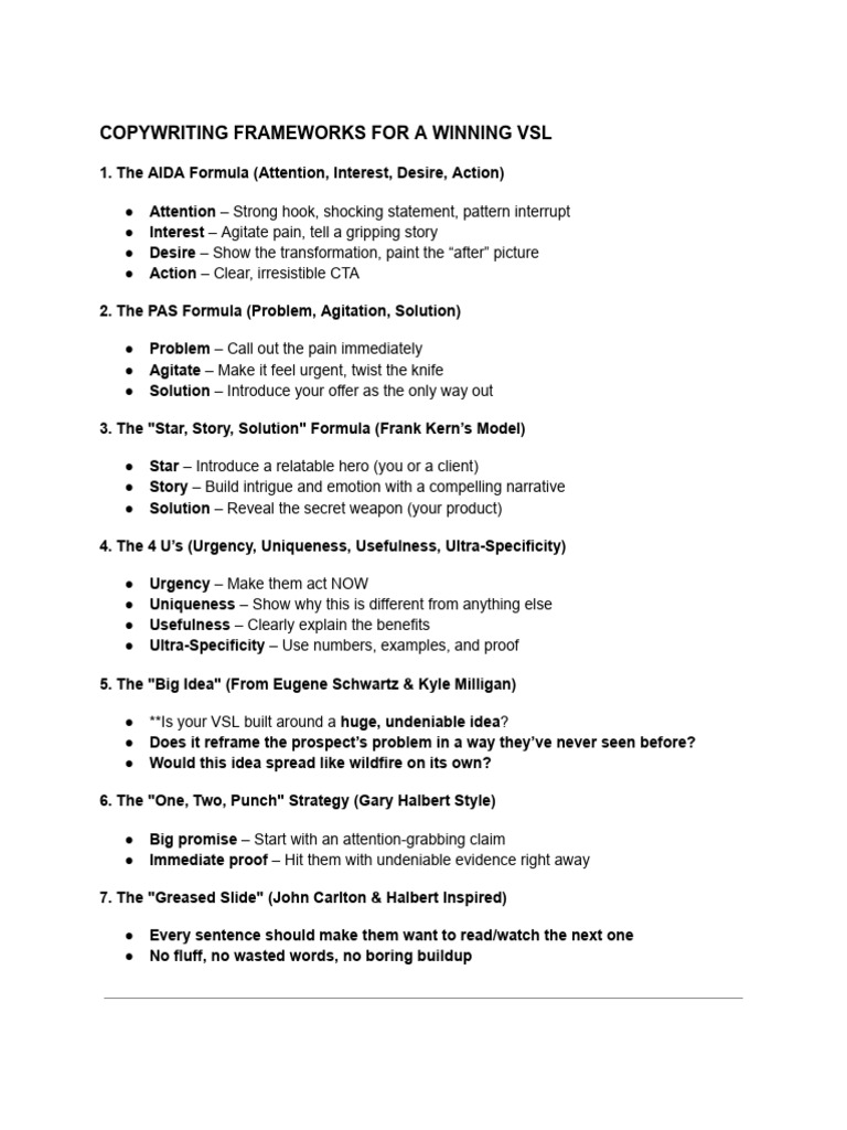Copywriting Frameworks For A Winning VSL | PDF