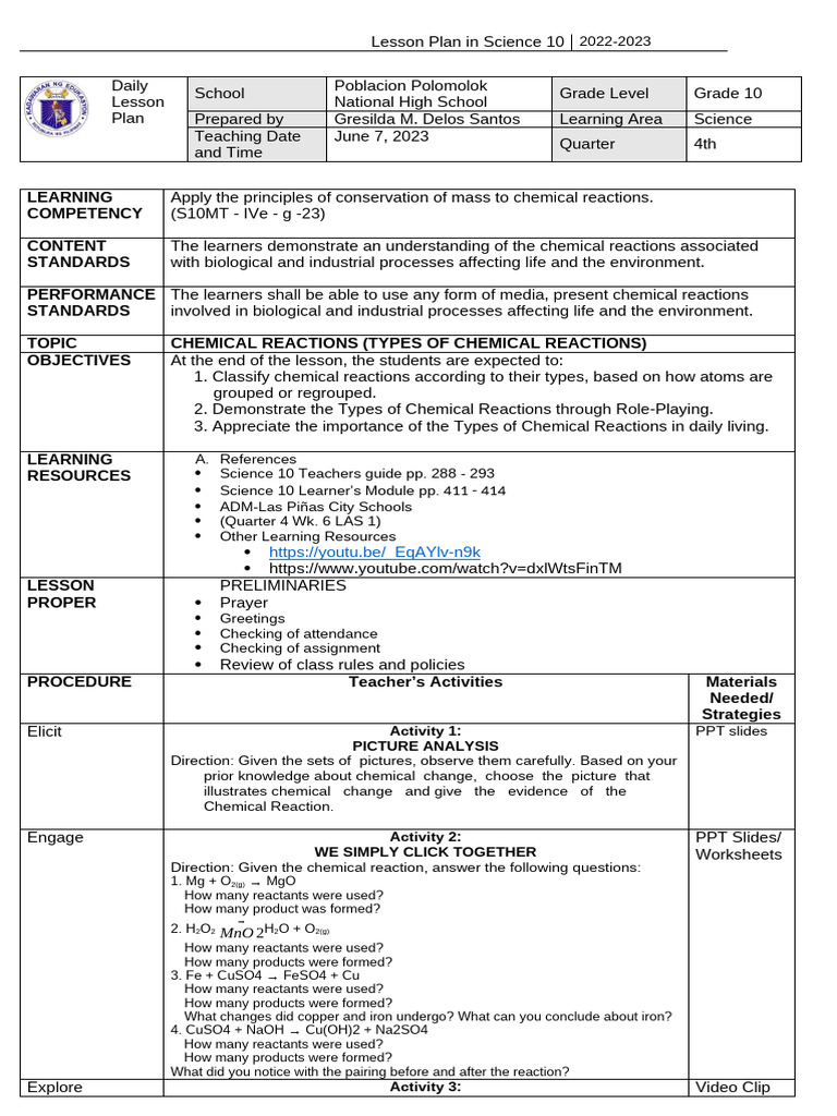 Lesson Plan in Science 10 For COT (4TH QUARTER) | PDF | Learning | Lesson Plan