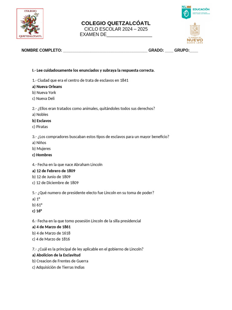 Examen sobre Historia de EE. UU. 2024-2025 | PDF | Guerra civil americana | Abraham Lincoln