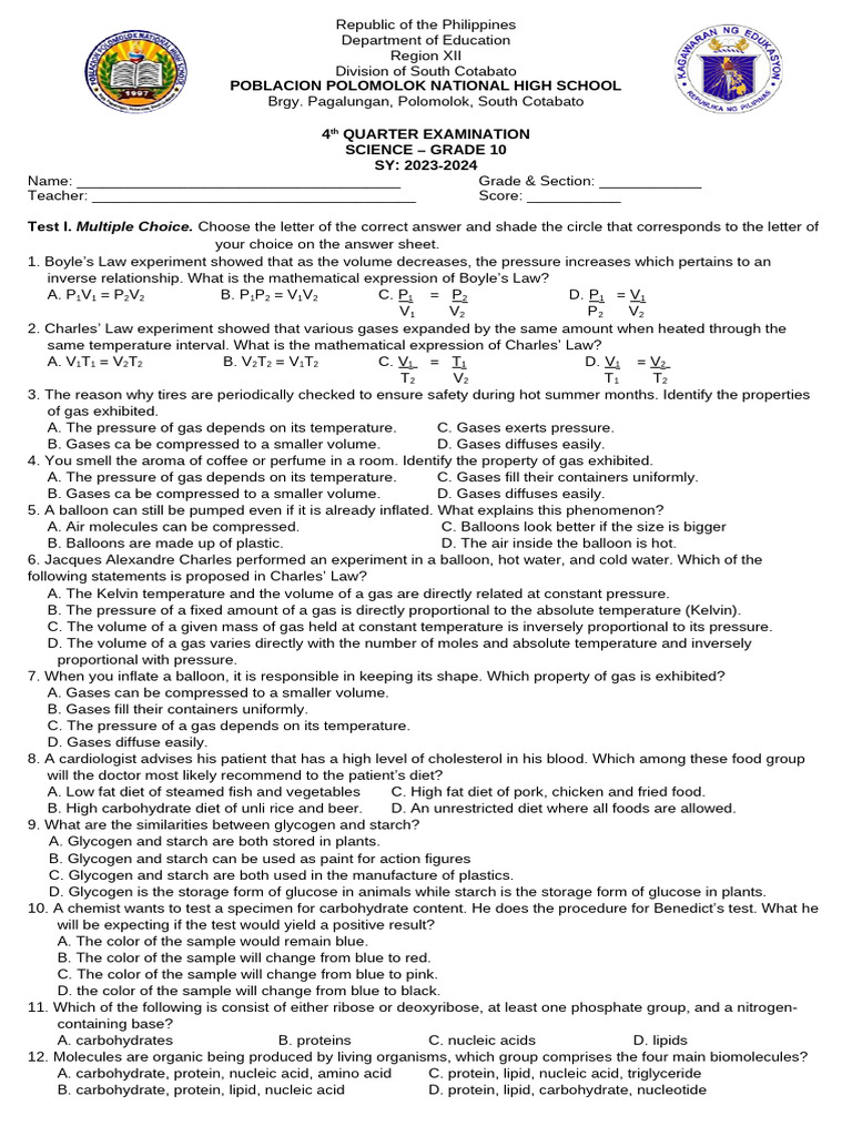 Grade 10 Science 4th Quarter Exam | PDF | Carbohydrates | Biomolecules