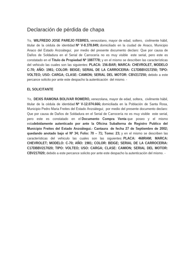 DECLARACION PEDIDA DE CHAPA | PDF