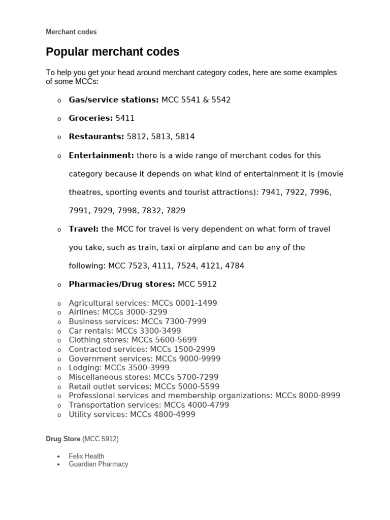 Merchant Category Codes Overview | PDF