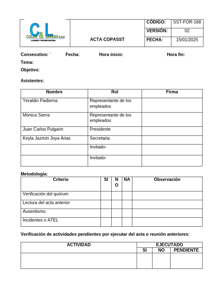 Acta de Reunión COPASST 15/01/2025 | PDF