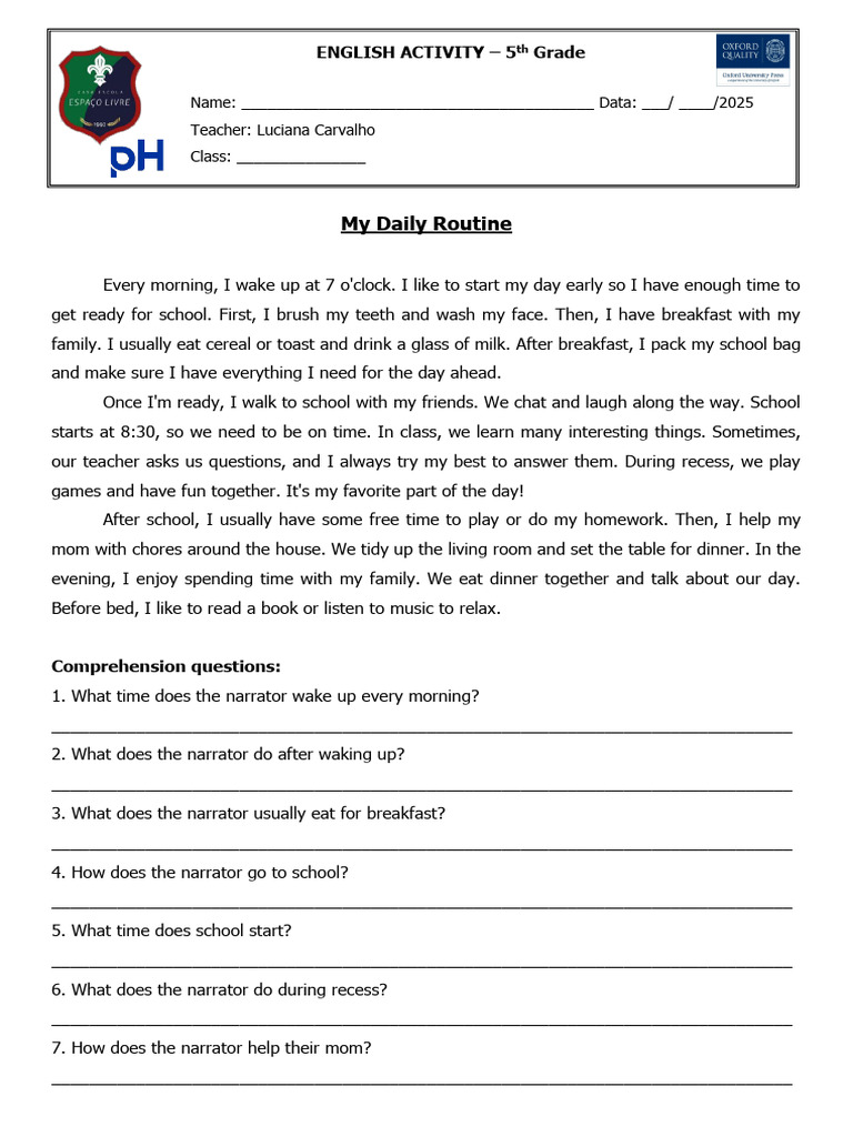 Atividade EL - Reading Comprehention - My Daily Rotine | PDF