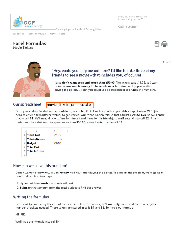 Excel Formulas for Movie Ticket Budget | PDF | Spreadsheet | Microsoft ...