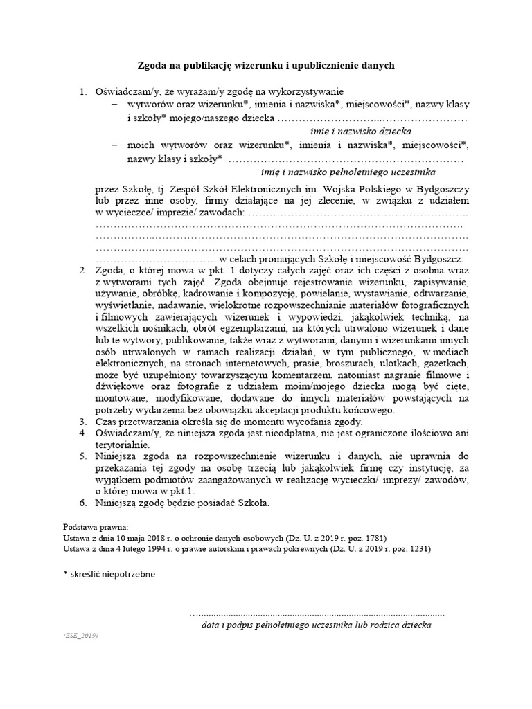 Zgoda Na Upublicznianie Wizerunku (RODO) | PDF