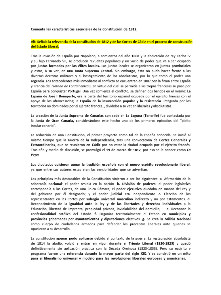 Características de la Constitución de 1812 | PDF | Guerra peninsular ...