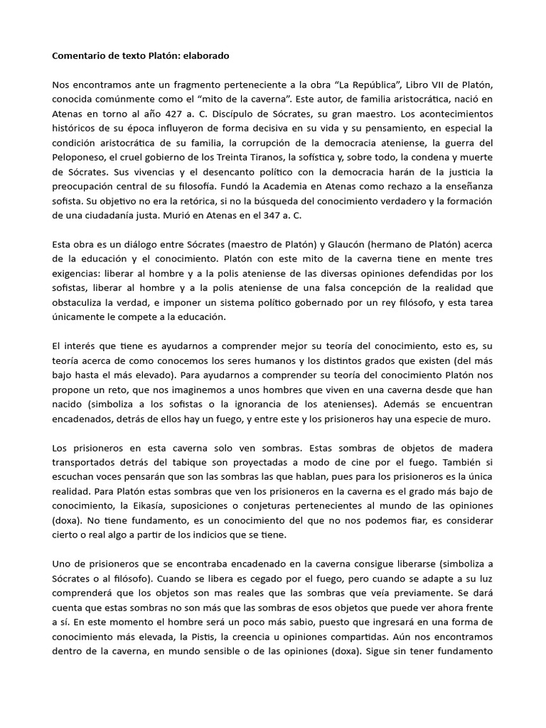 Comentario de Texto-Platón (Elaborado) | PDF | Platón | Conocimiento