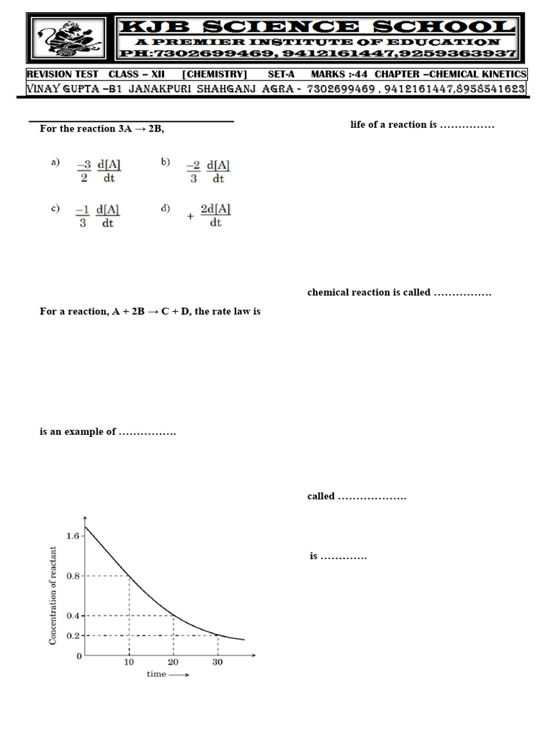 Class 12 Chemistry: Chemical Kinetics Test | PDF | Reaction Rate ...