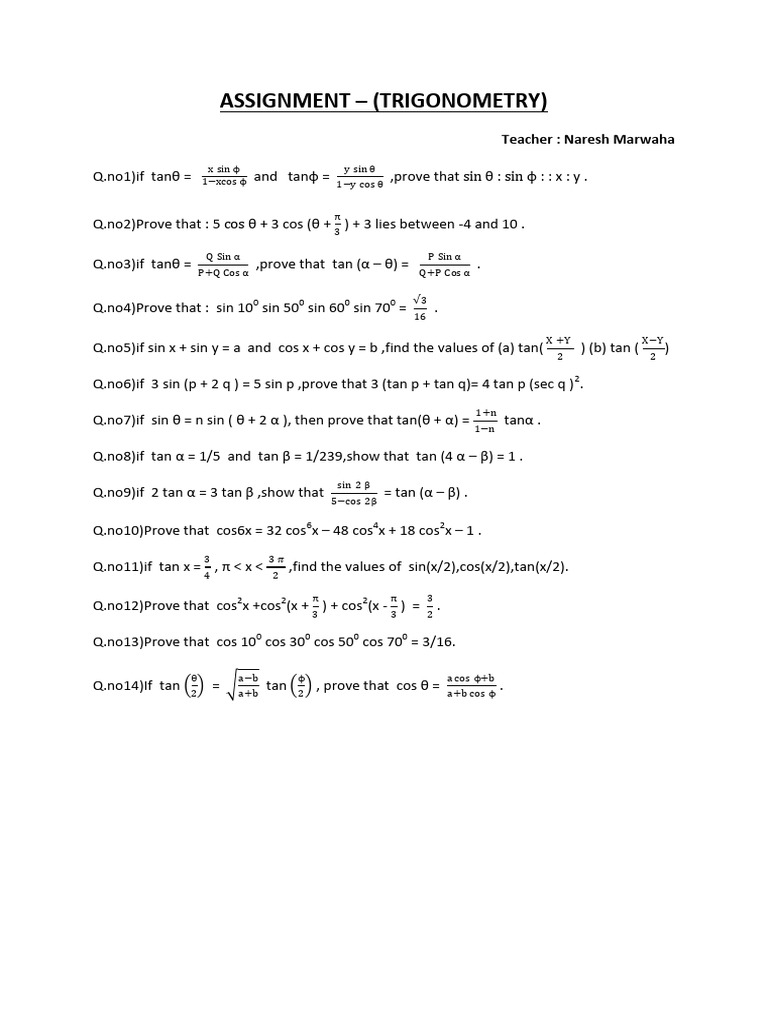 ASSIGNMENT - TRIGONOMETRY - XI - NARESH MARWAHA | PDF | Geometry