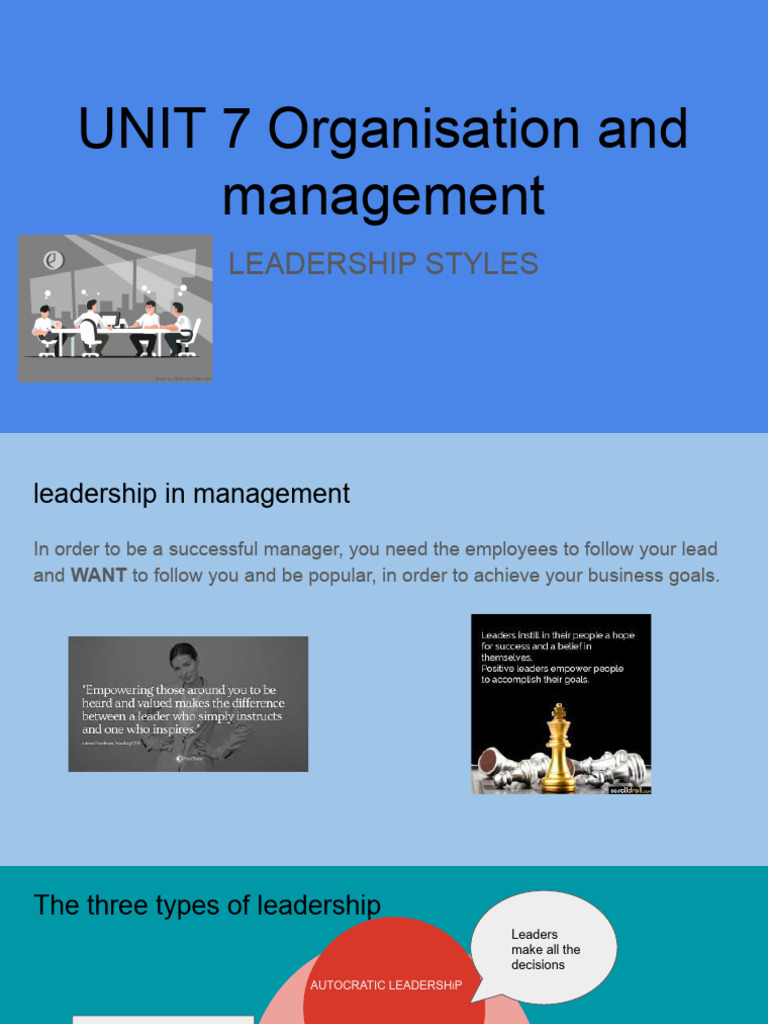 UNIT 7 Organisation and Management | PDF | Leadership | Motivation