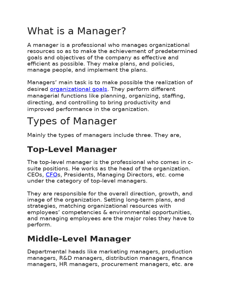 Types, Roles and Qualities of Manager | PDF | Team Building | Leadership