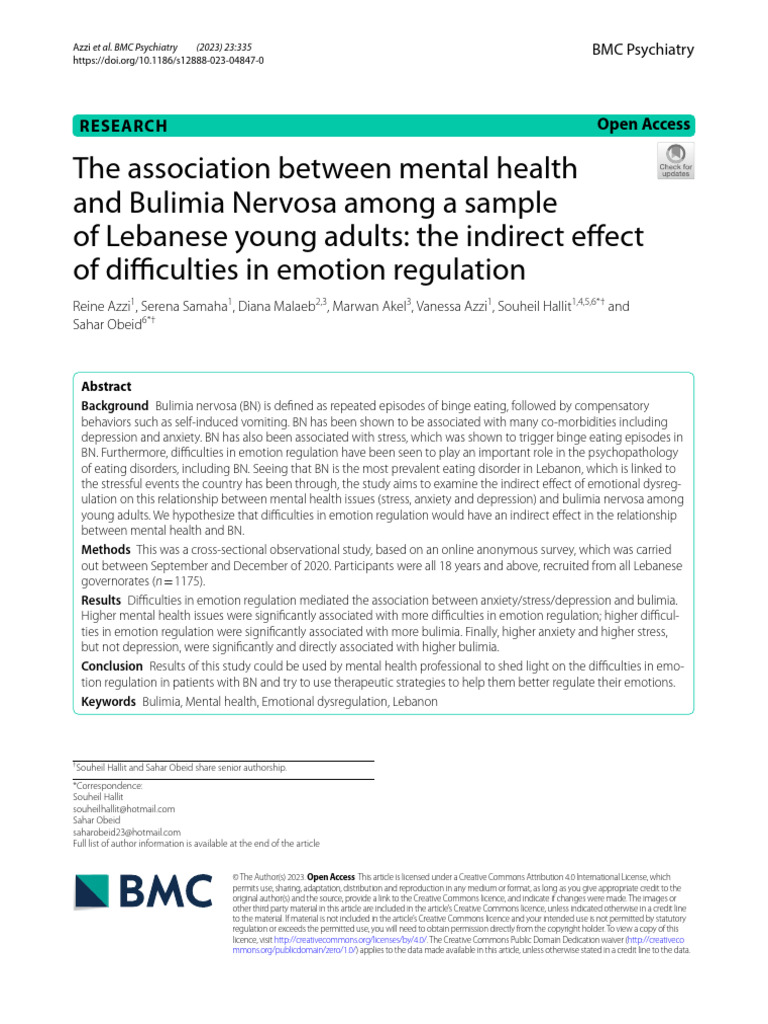 The Association Between Mental Health and Bulimia Nervosa Among A ...