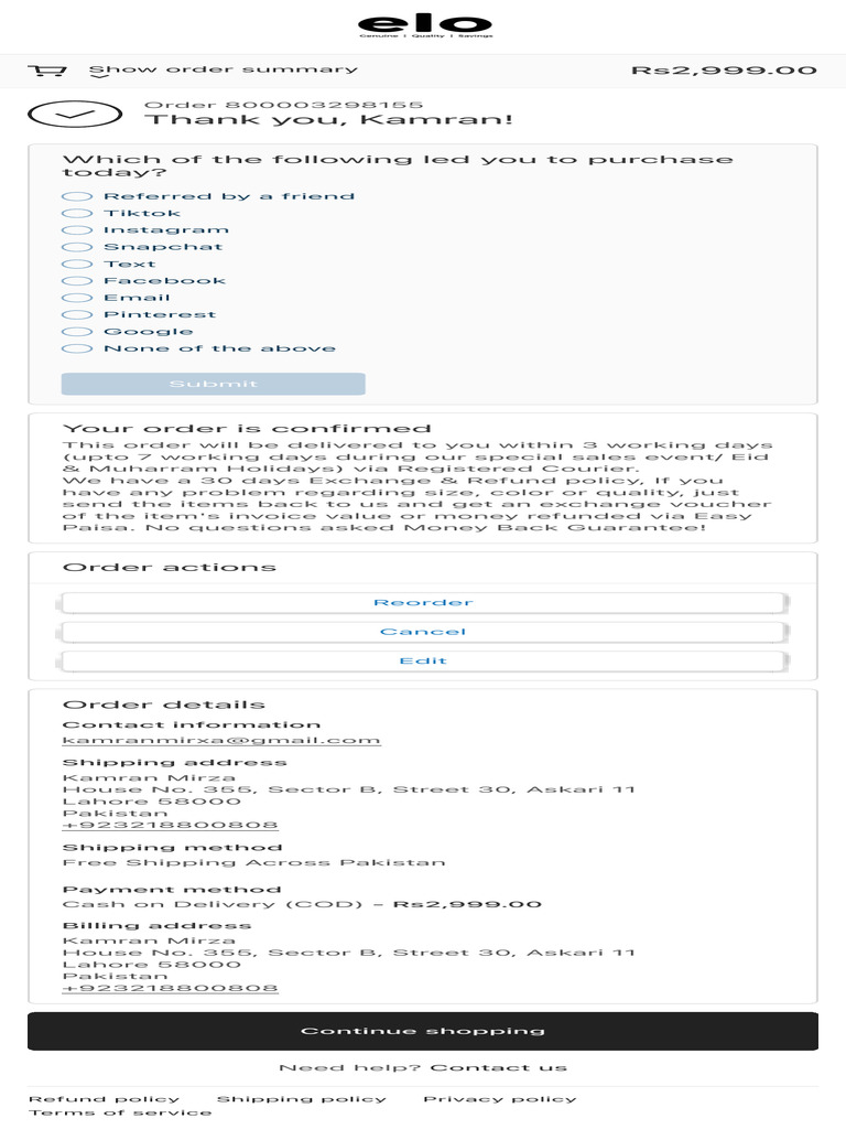 Thank You For Your Purchase! - Elo - Checkout | PDF