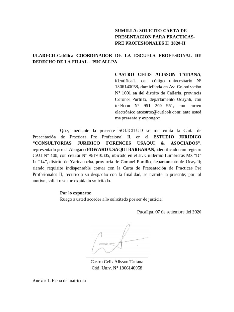 Solicitud Carta de Presentción-PPP II-ALISSON TATIANA CASTRO CELIS | PDF