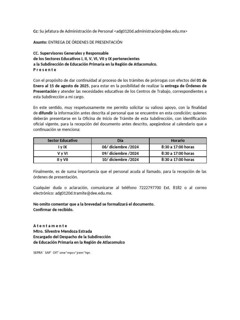 Oficio Informativo. Ordenes de Presentacion. | PDF