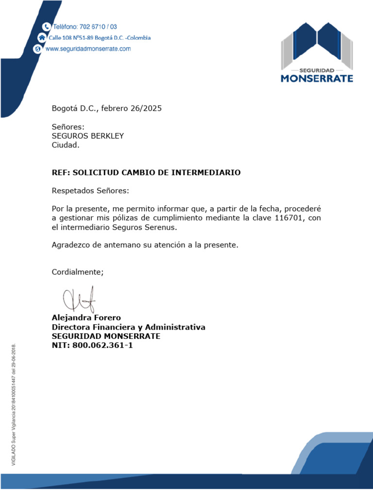 Carta Cambio de Intermediario | PDF