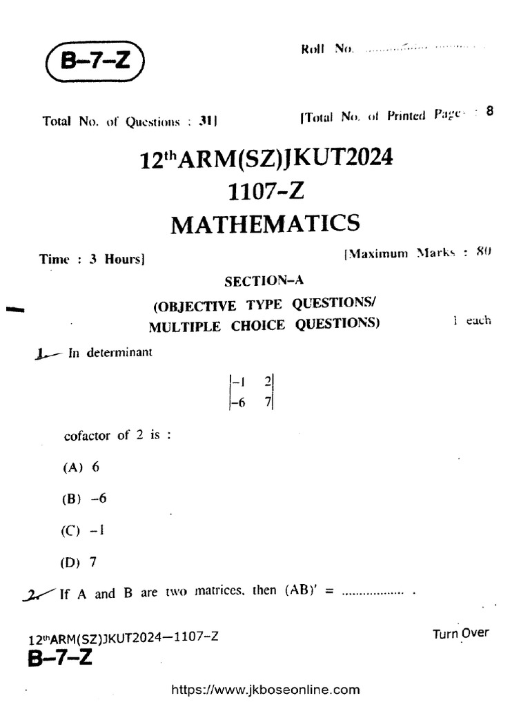 JK Bose Class 12 Mathematics 1107 Z 2024 | PDF