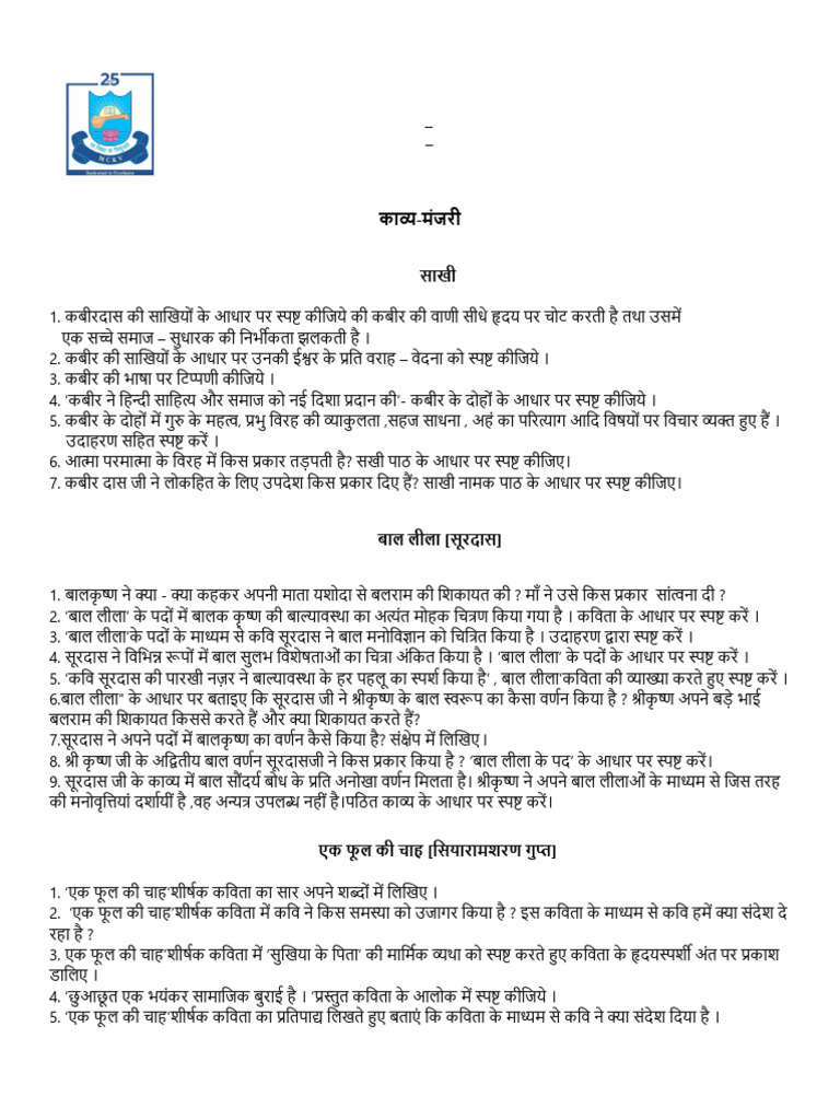 CL 12 Hindi (Sahitya) Question Bank 2023-2024 | PDF