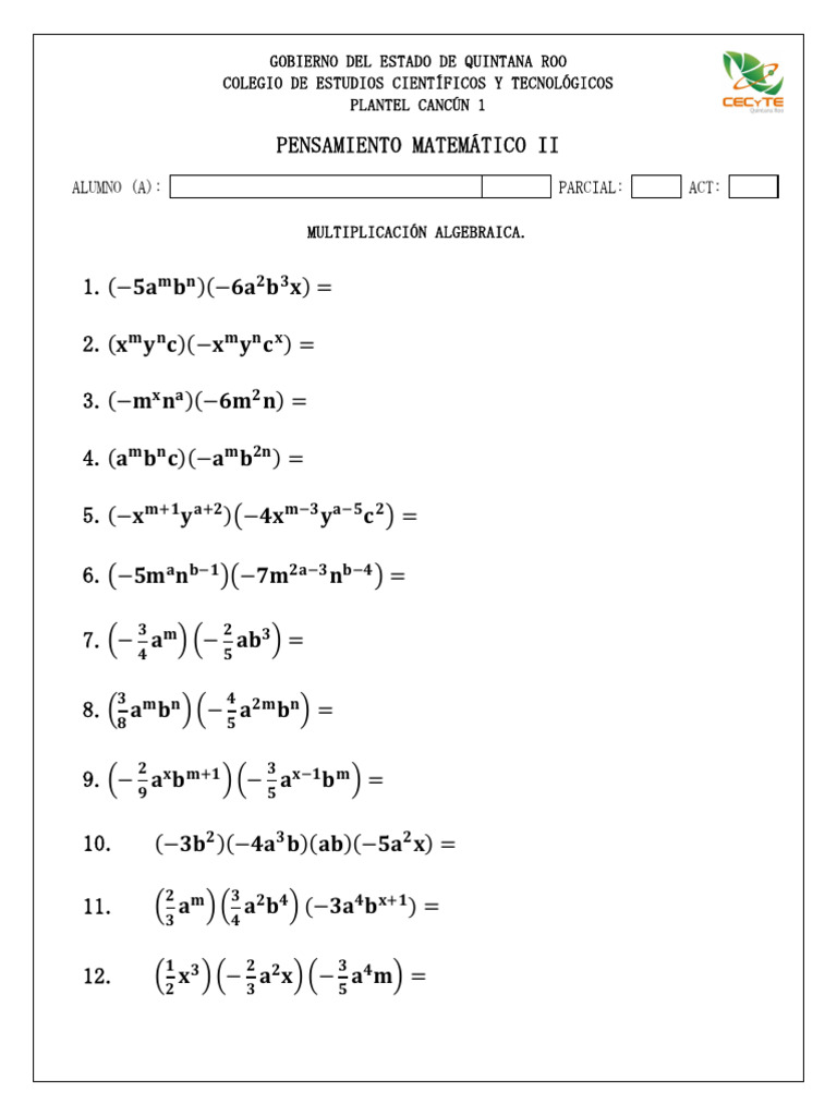 MULTIPLICACIÓN ALGEBRAICA - PM2 | PDF