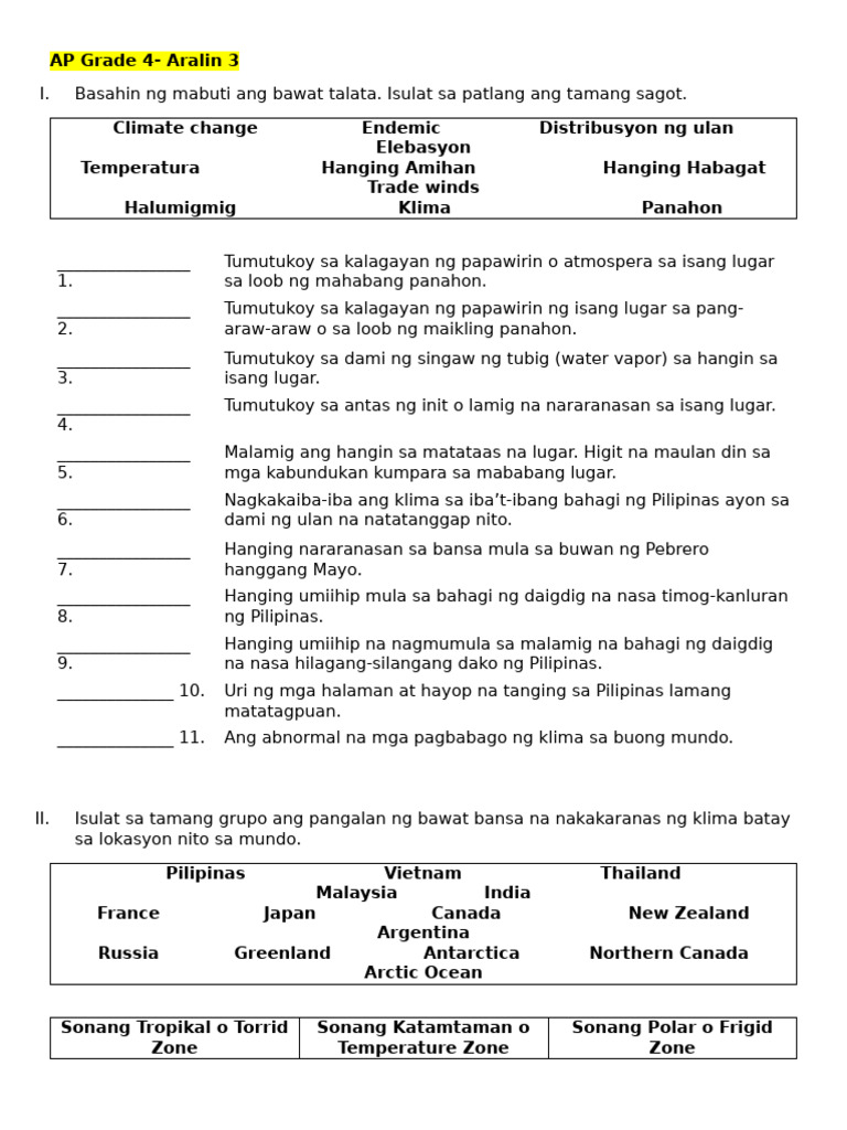 AP Grade 4 - Aralin 3 Quiz | PDF