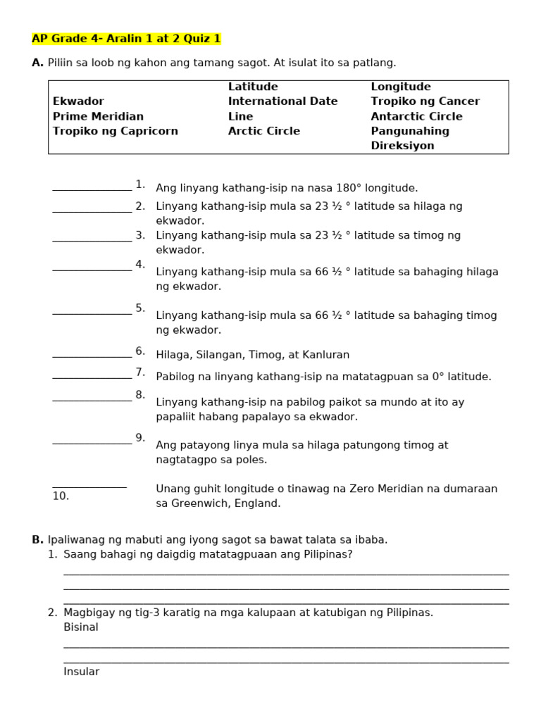AP Grade 4- Aralin 1 at 2 Quiz 1 | PDF