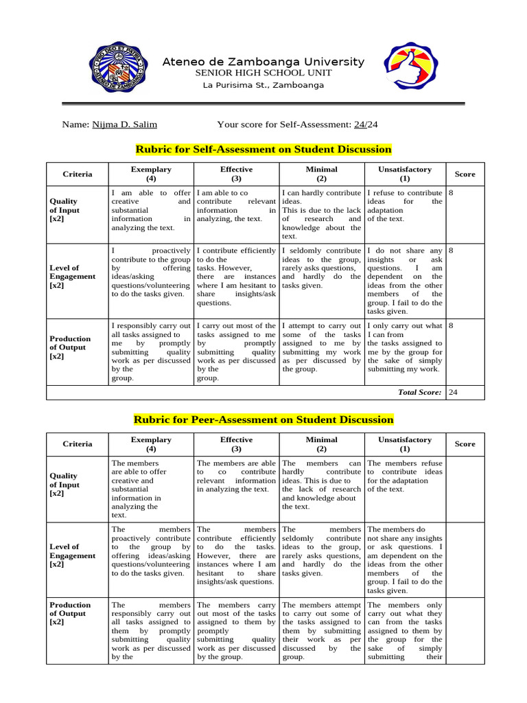 Student Discussion Self-Assessment Rubric | PDF | Cognitive Science ...