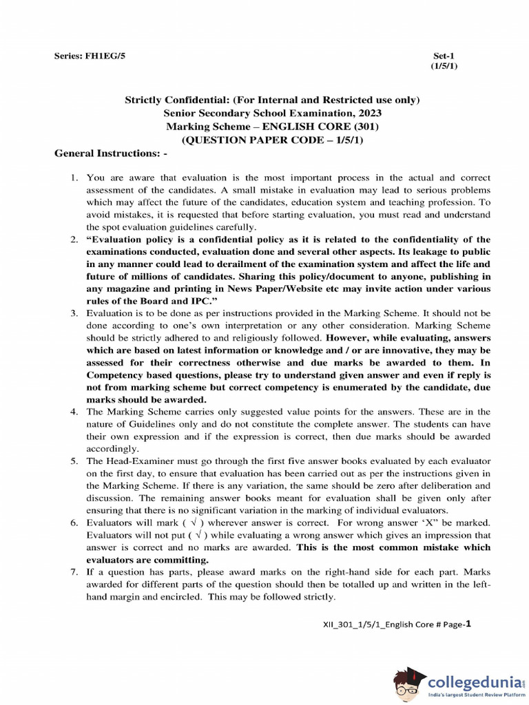 CBSE Class 12 English Core Answer Key 2023 Set 1 1 5 1 | PDF