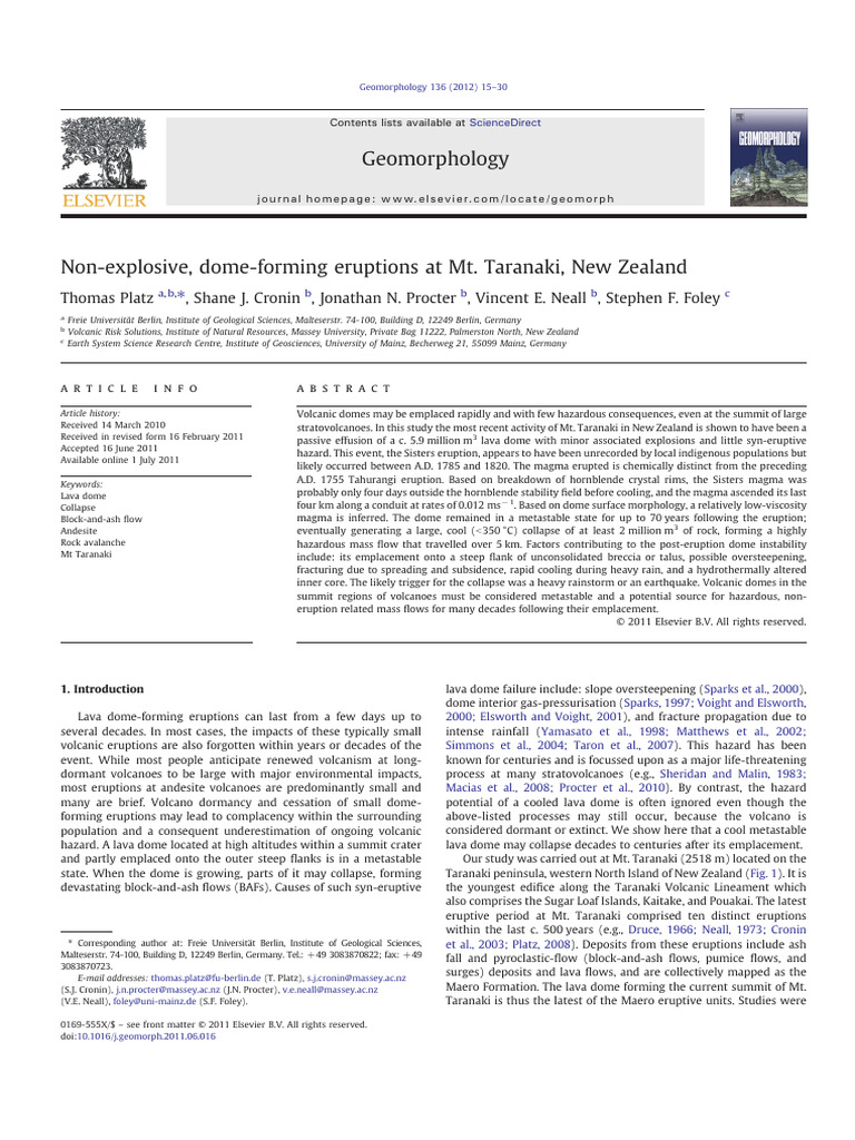 Non Explosive Dome-Forming Eruptions at MT Taranaki, New Zealand | PDF ...