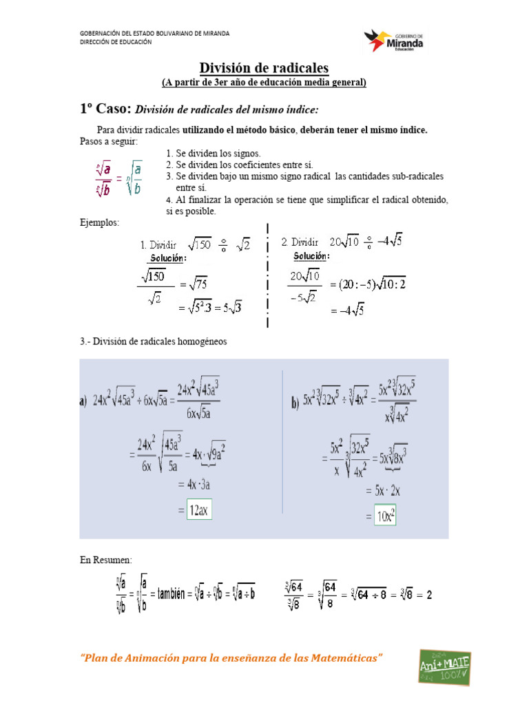División de Radicales en Matemáticas | PDF | División (Matemáticas ...