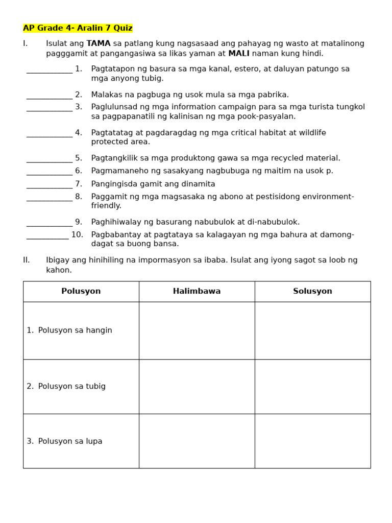 AP Grade 4 - Aralin 7 Quiz Quarter 2 | PDF
