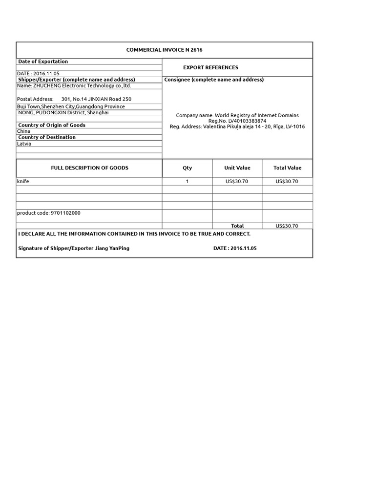 Commercial Invoice N 2616 Details | PDF