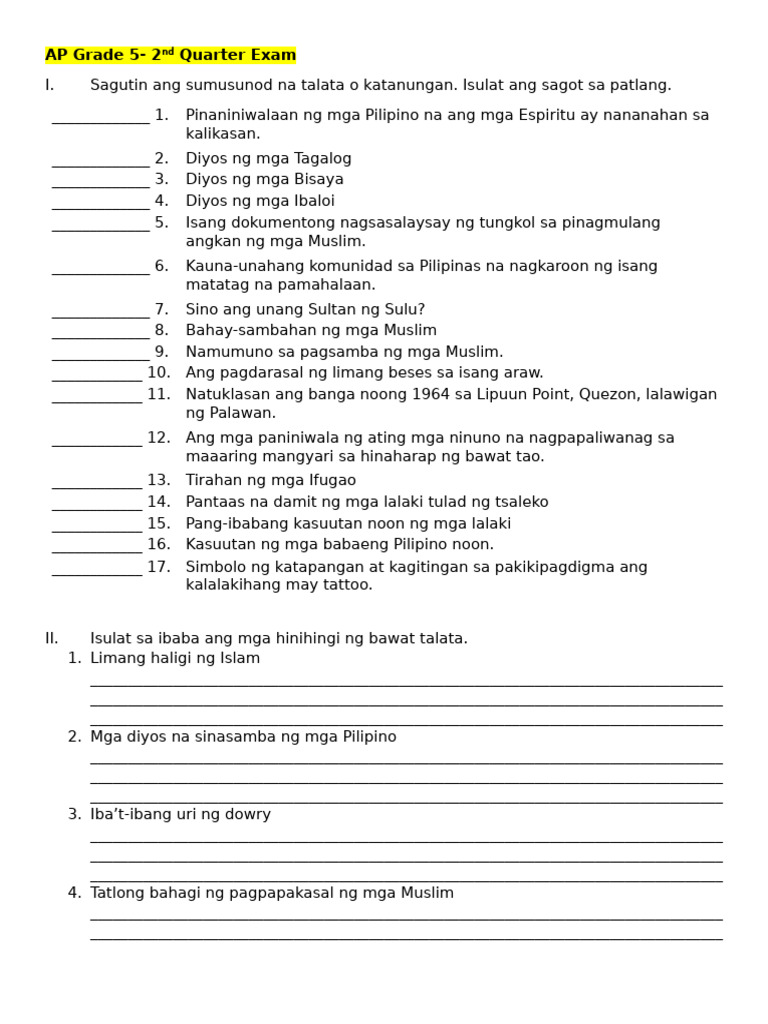 AP Grade 5 - 2nd Quarter Exam Review | PDF