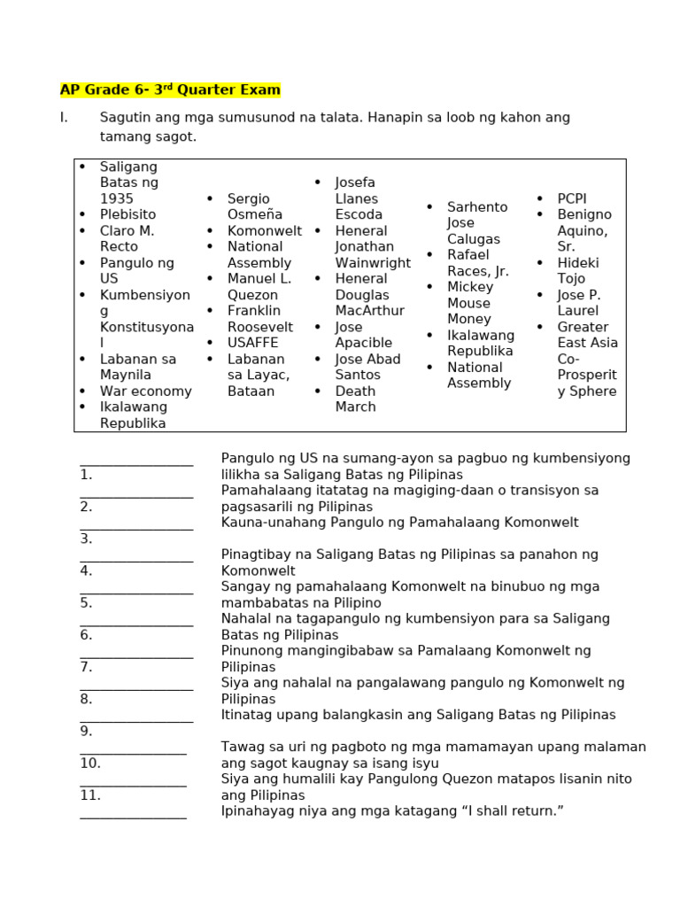 AP Grade 6 - 3rd Quarter Exam Review | PDF