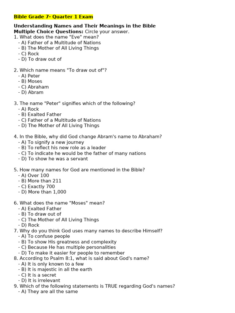 Bible Grade 7 - Quarter 1 Exam | PDF | Creator Deity | God