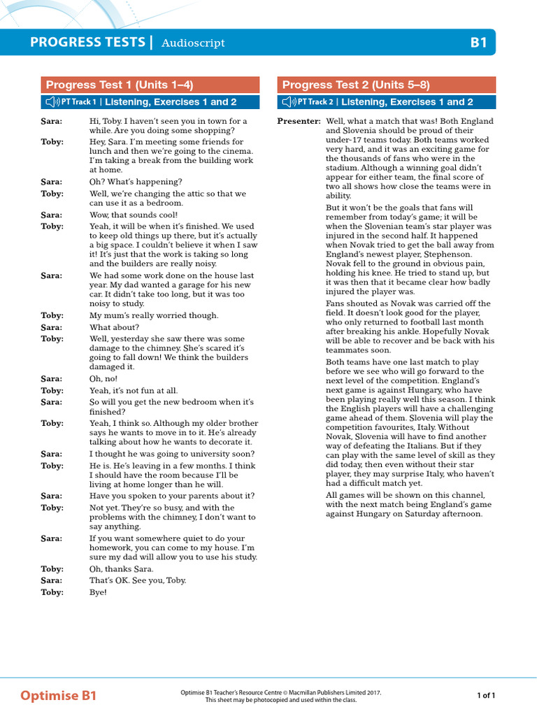Optimise B1 Progress Test Listening Exercises | PDF
