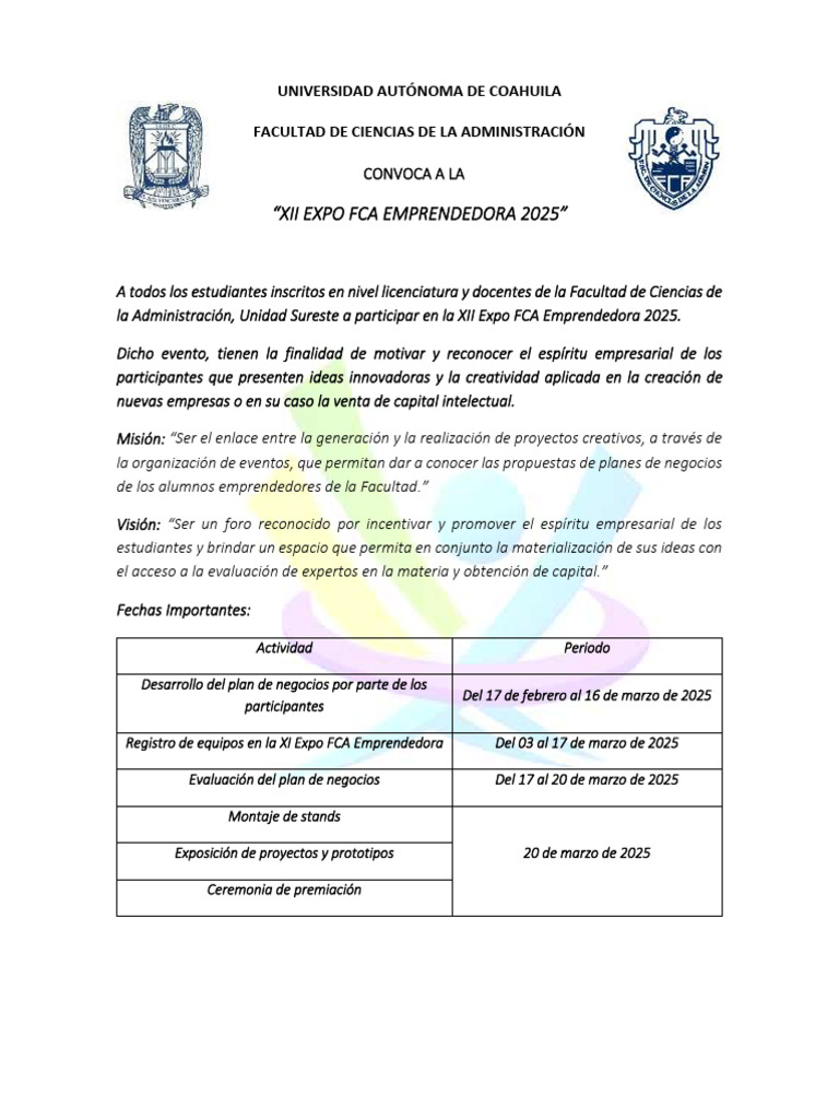 Convocatoria Xii Expo Fca Emprendedora 2025 | PDF | Iniciativa ...