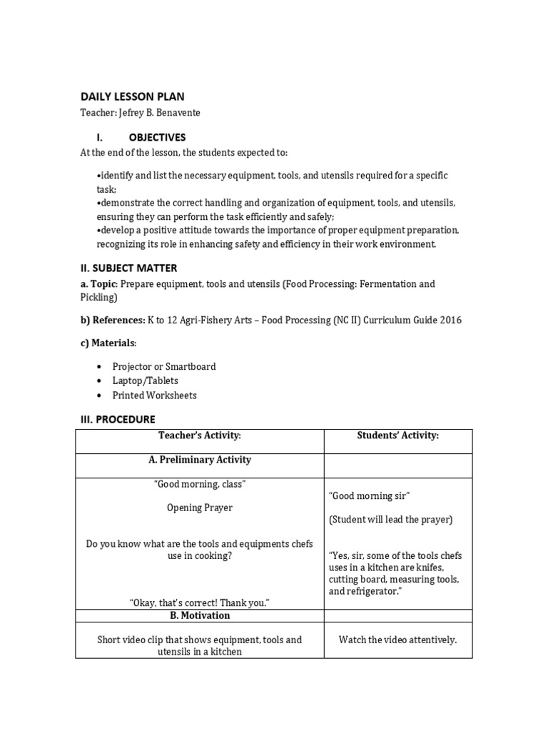Lesson Plan (Food Processing) | PDF | Kitchen Utensil | Lesson Plan