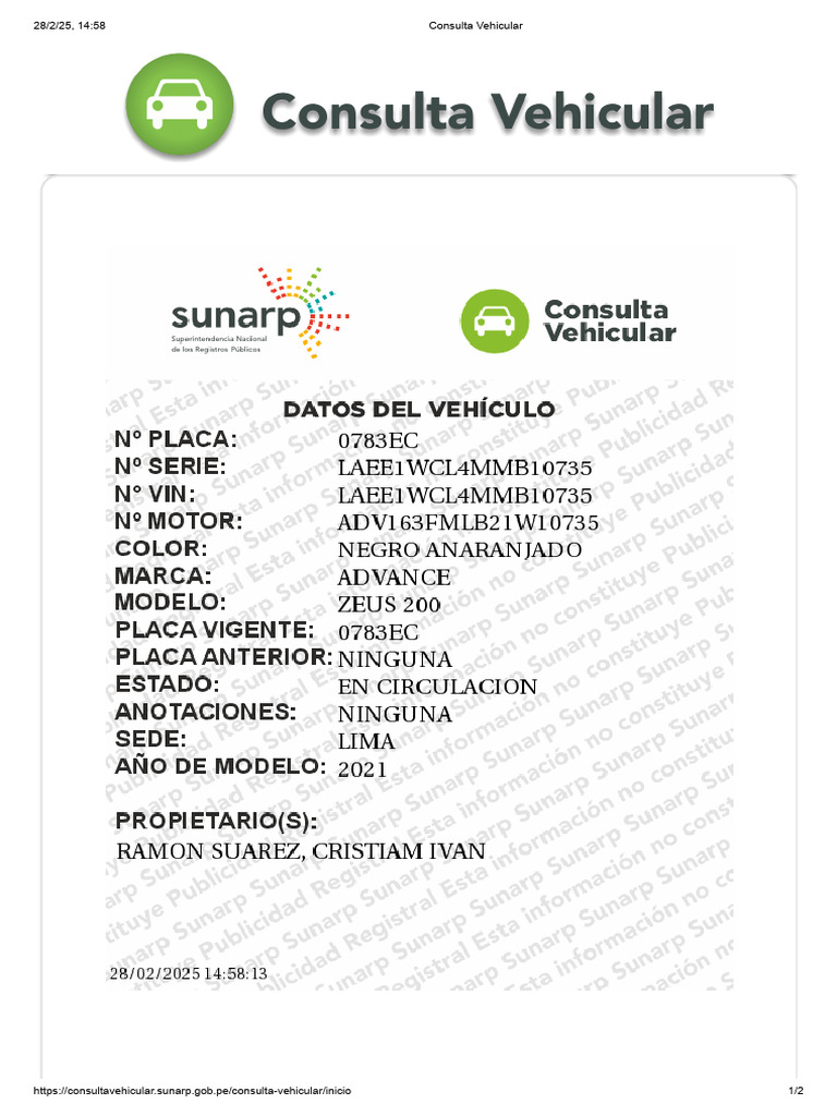 Consulta Vehicular en SUNARP | PDF