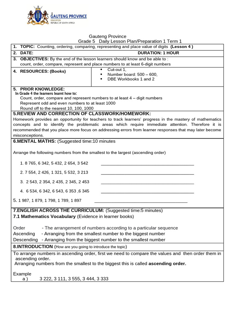 Grade 5 Math Lesson Plans: Ordering Numbers | PDF | Homework | Curriculum