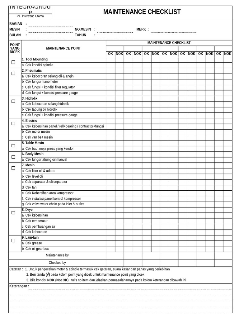 Checklist Pemeliharaan Mesin Lengkap | PDF