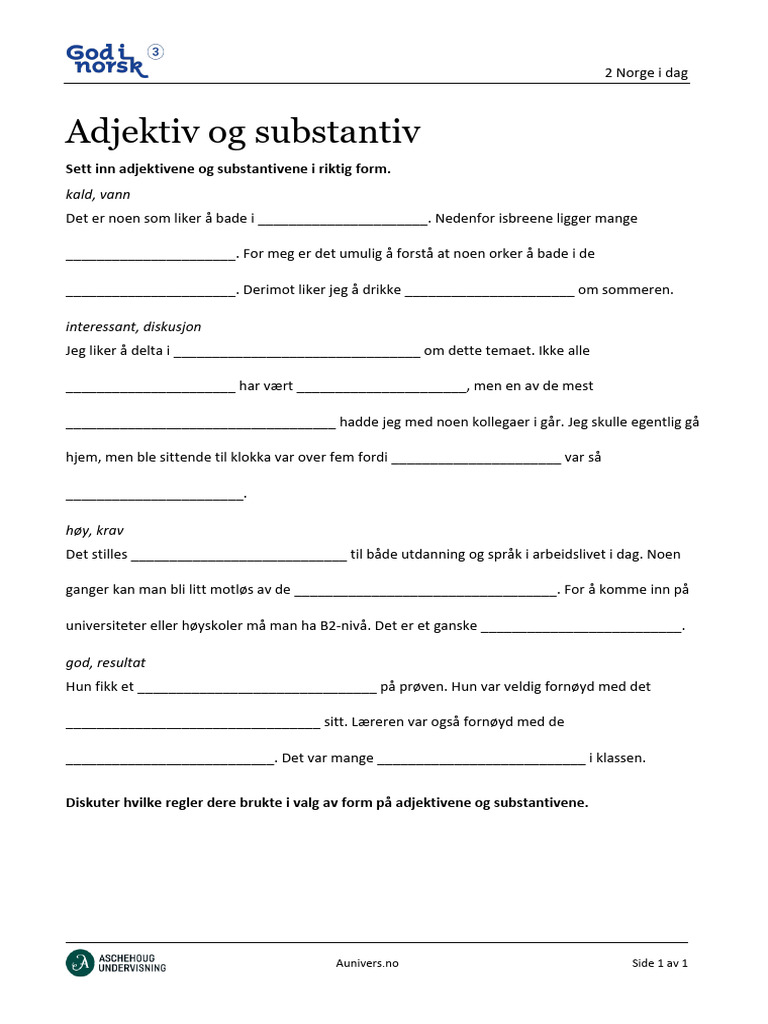 Adjektiv Og Substantiv Oppgaver | PDF