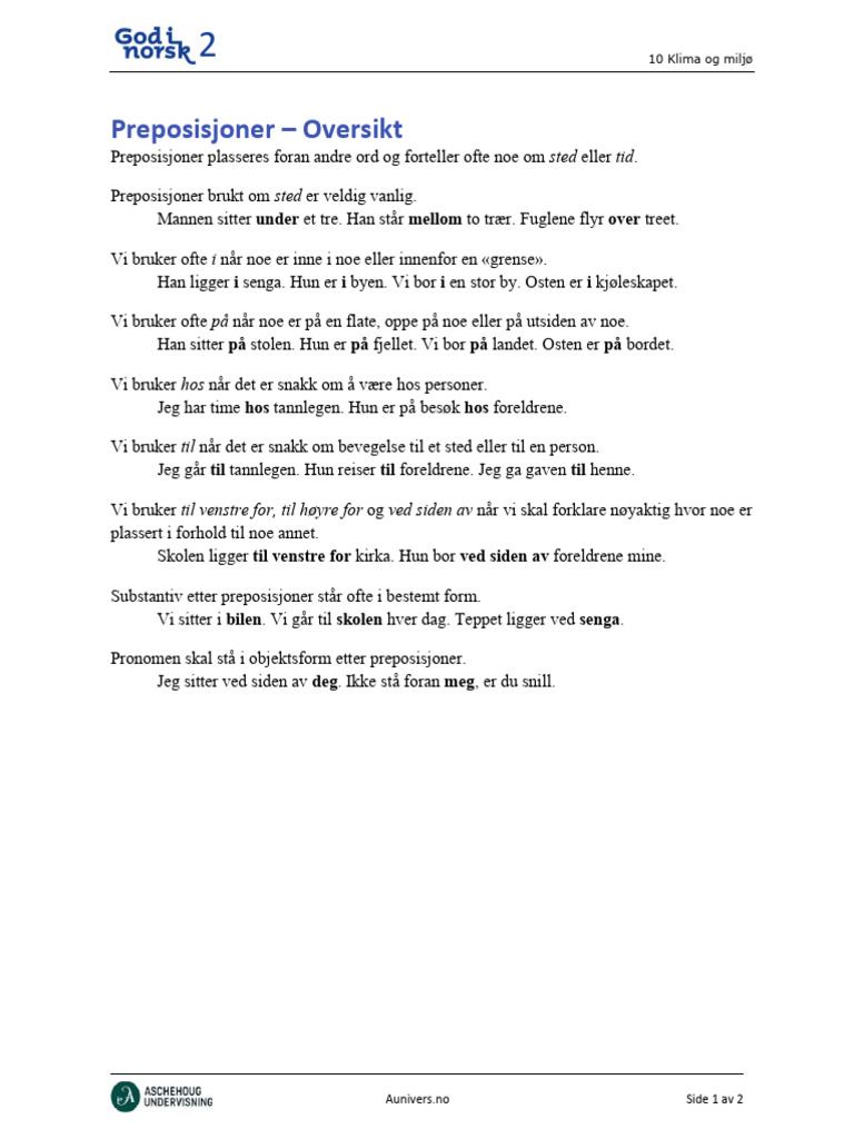 Preposisjoner Med Oppgaver | PDF