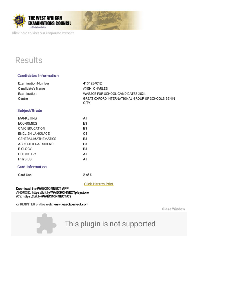 Waecdirect Online - Results | PDF